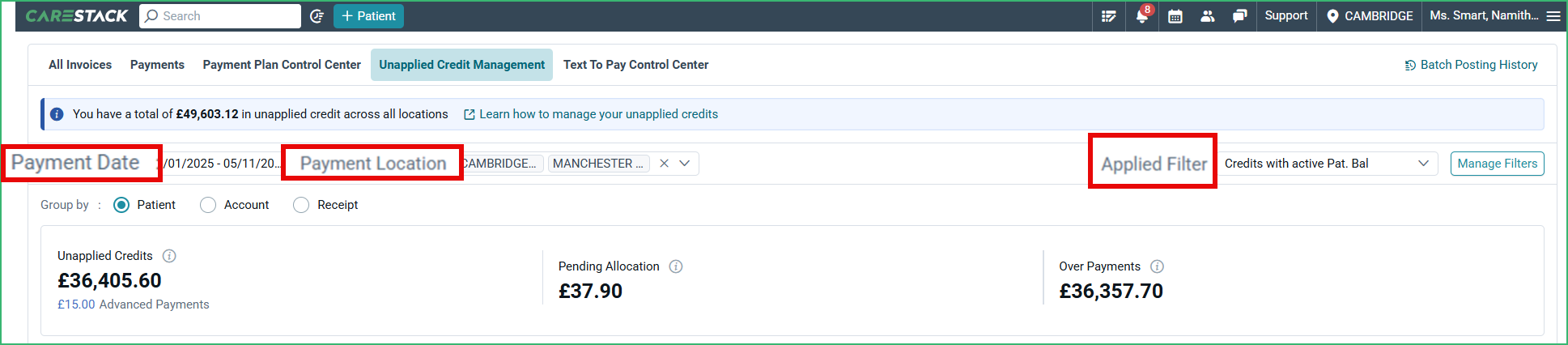 Overview of Unapplied Credit Management Dashboard – CareStack